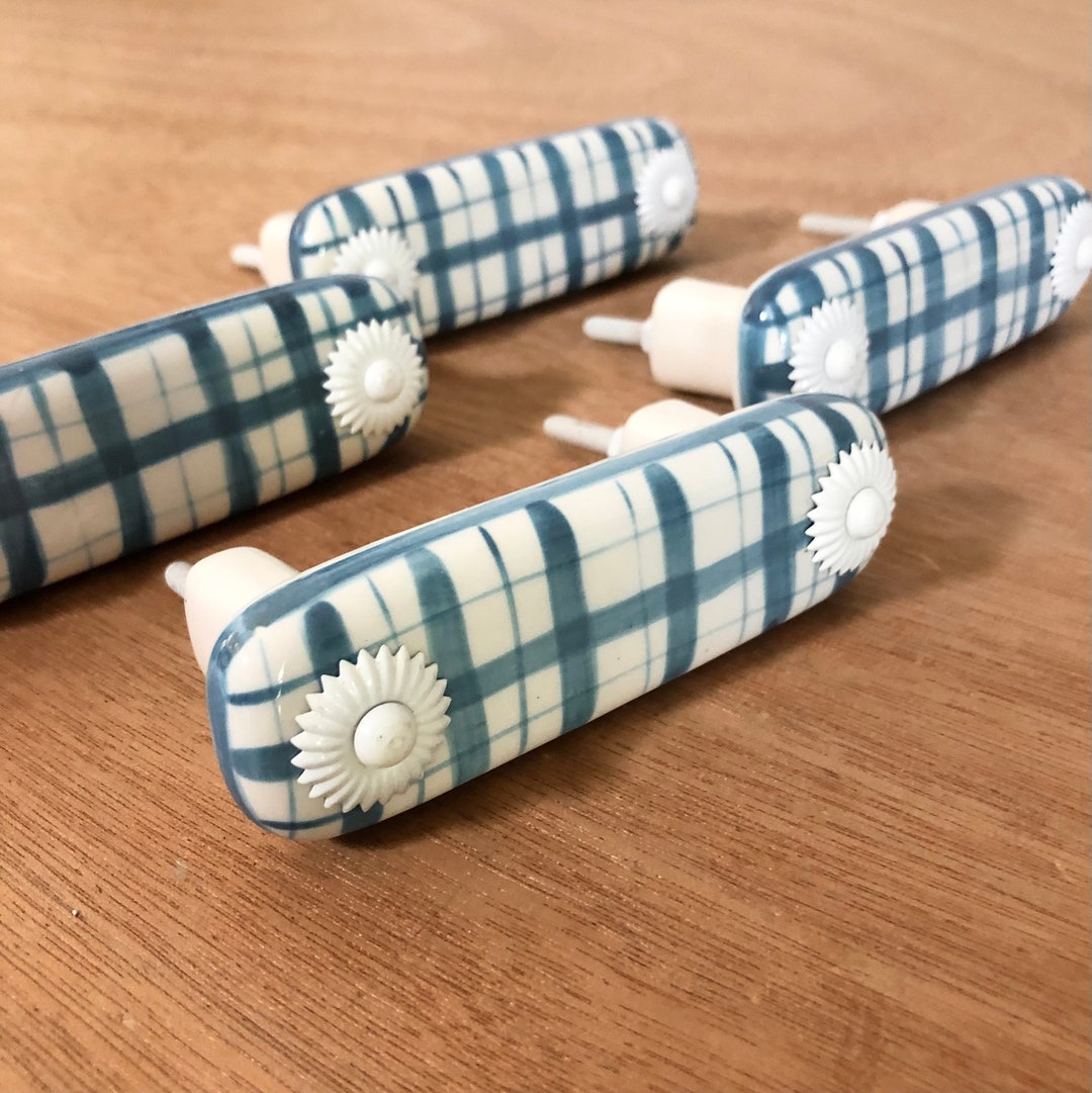 Slate Blue and White Vintage Drawer Handles Ceramic Set of 4 Stripe ...