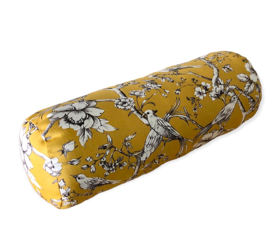 Ochre French Toile Neck Roll Bolster Pillow for Bed or Sofa - Bird ...