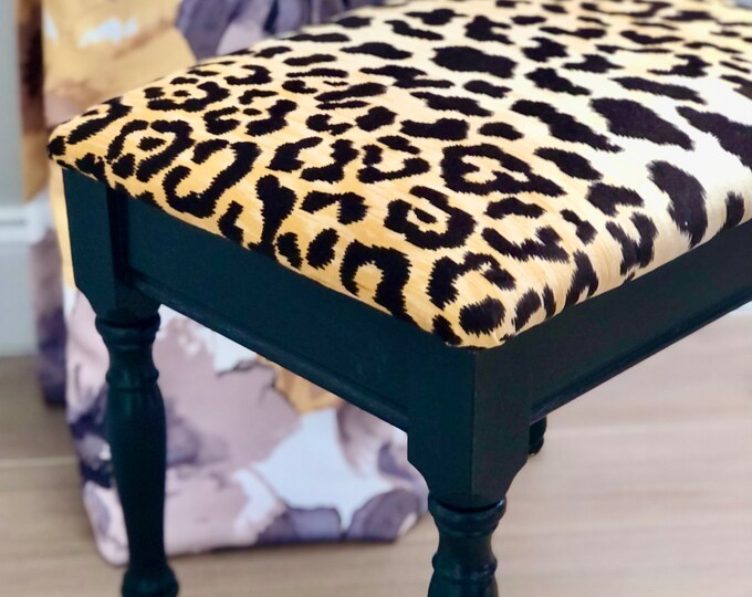 Leopard Bench - Cheetah Velvet Animal Print Hand Painted Reupholstered ...