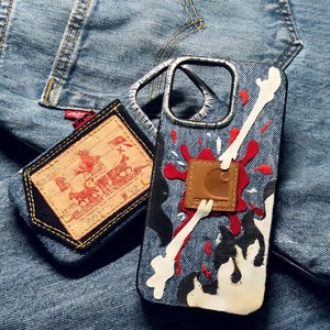 Hand Painted Denim iPhone Samsung Case, Carhartt Patch, Grunge Flames ...