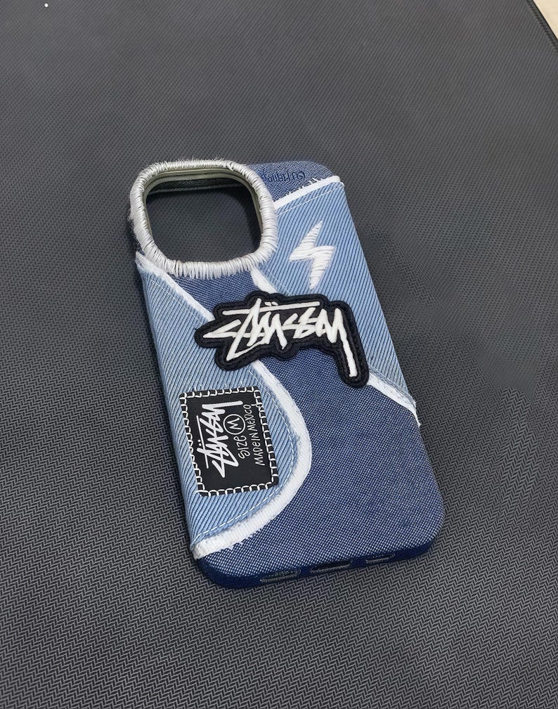 Vintage Streetwear Denim Phone Case With Stussy Patches, Embroidered ...