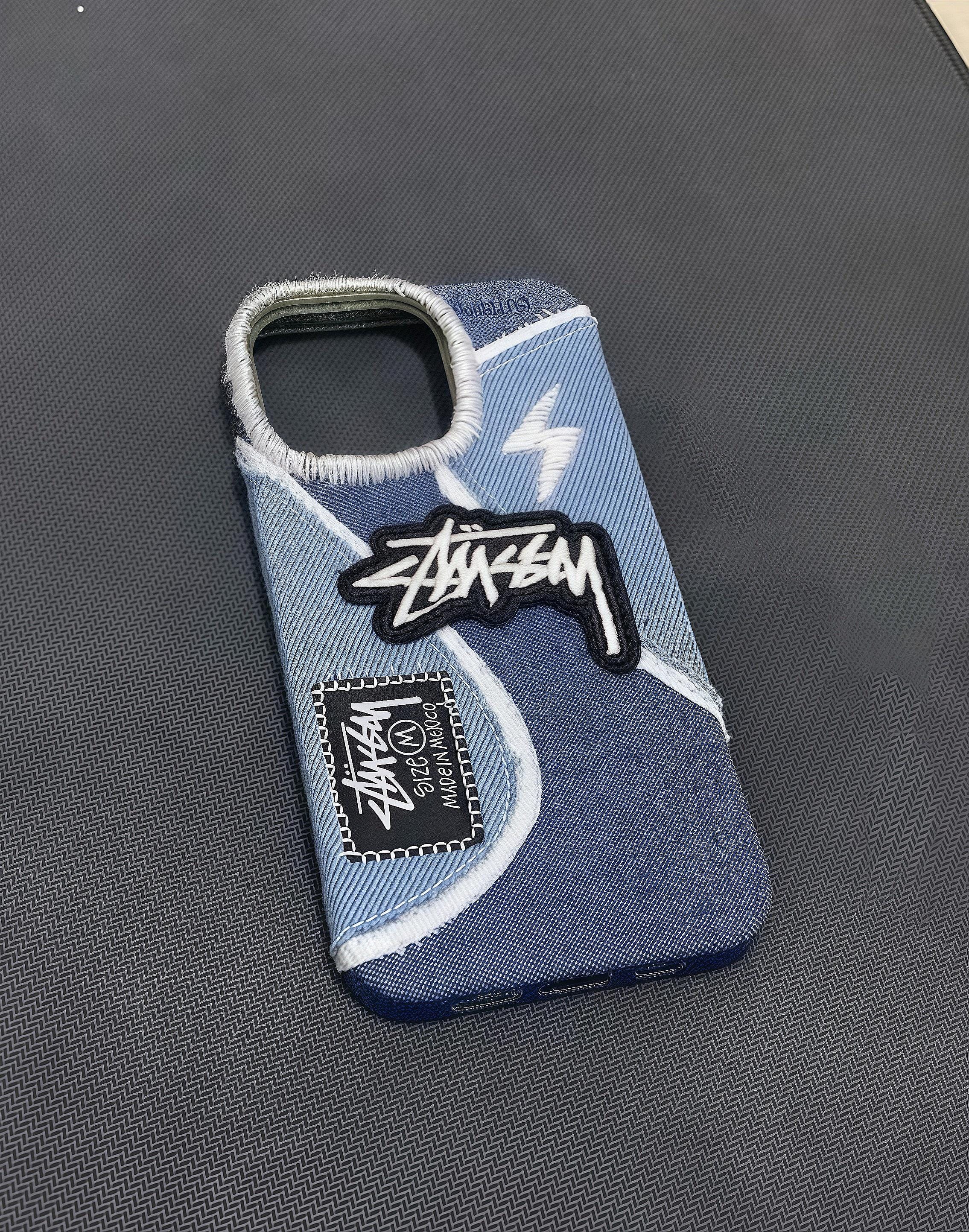 Vintage Streetwear Denim Phone Case With Stussy Patches, Embroidered ...