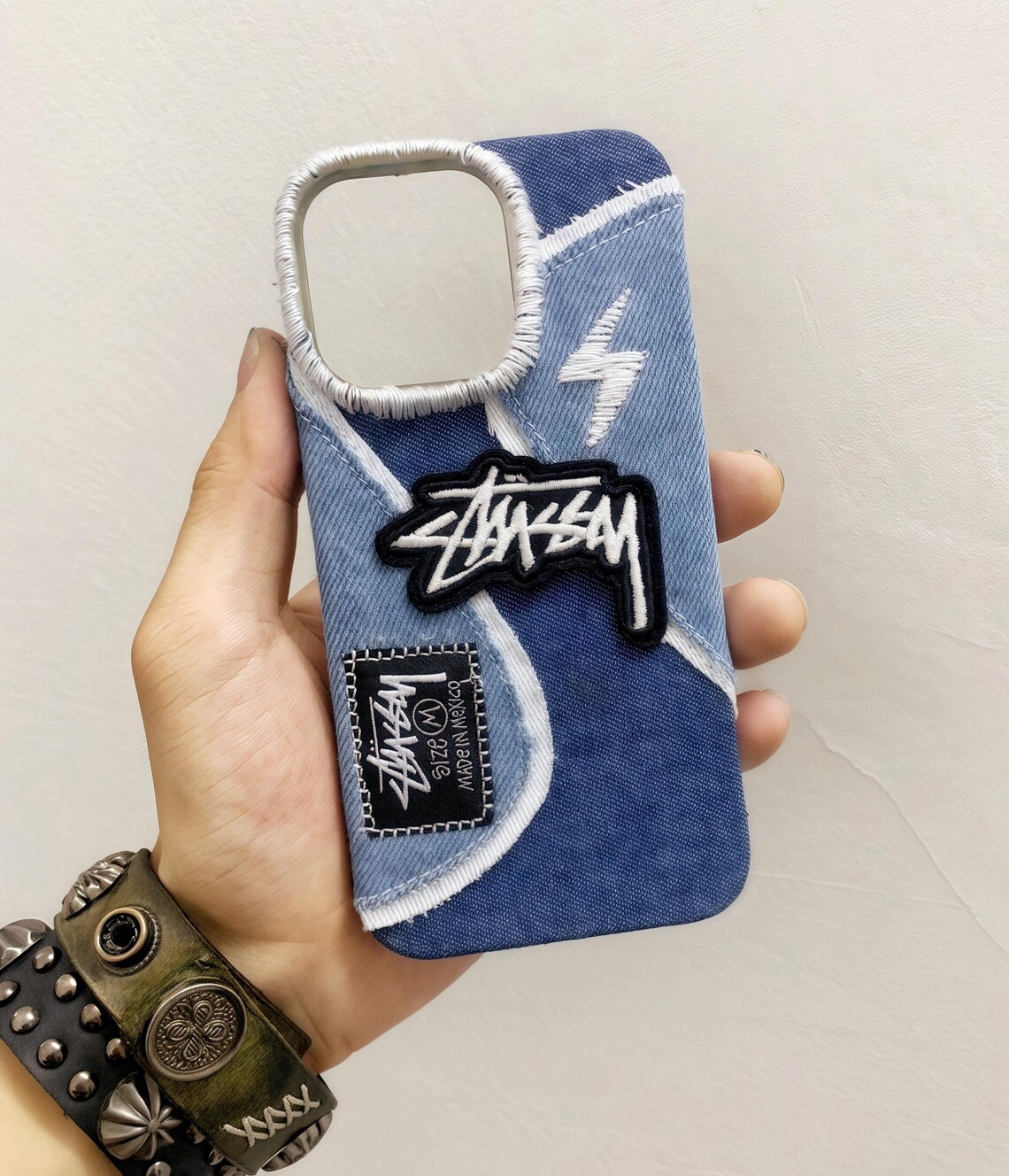 Vintage Streetwear Denim Phone Case With Stussy Patches, Embroidered ...