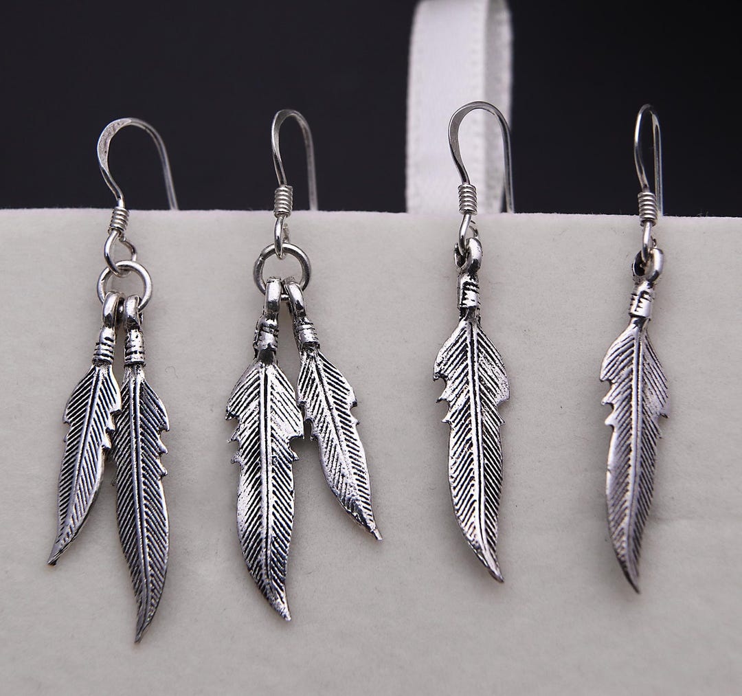 Sterling Silver Feather Drop Earrings | Single or Double Oxidized ...