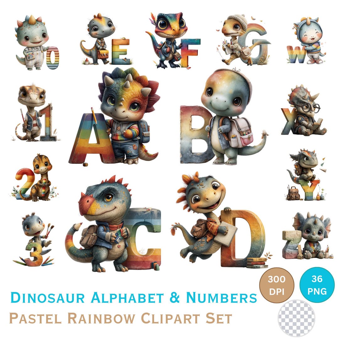 Chibi Dinosaur Alphabet and Numbers Clipart, A-Z and 0-9 Dinosaur PNG ...