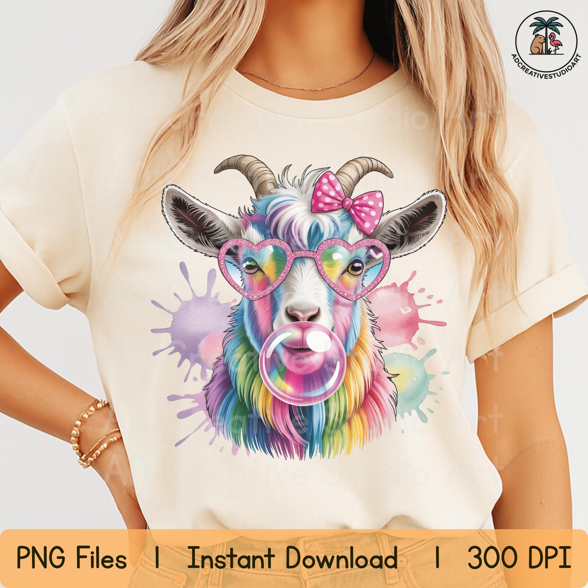 Rainbow Goat Bubblegum PNG – Cute Goat Clipart With Heart Glasses & Bow ...