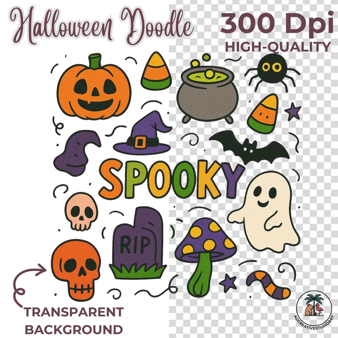 Halloween Doodle Clipart PNG: Spooky Ghost, Pumpkin, Skull (digital ...