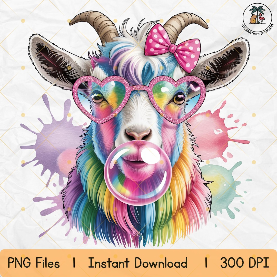 Rainbow Goat Bubblegum PNG – Cute Goat Clipart With Heart Glasses & Bow ...