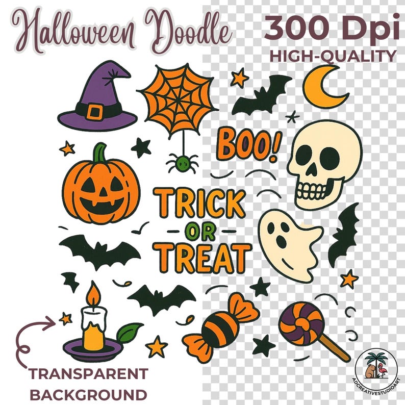 Halloween Doodle Clipart, Trick or Treat PNG Graphics (digital Download ...