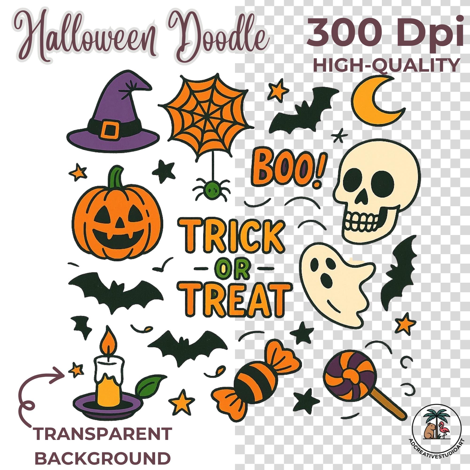 Halloween Doodle Clipart, Trick or Treat PNG Graphics (digital Download ...