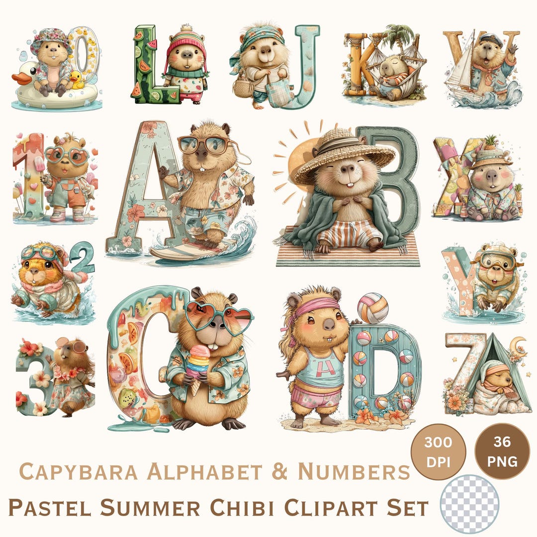 Capybara Alphabet Clipart Bundle,pastel Summer A–Z and 0–9 Chibi Animal ...