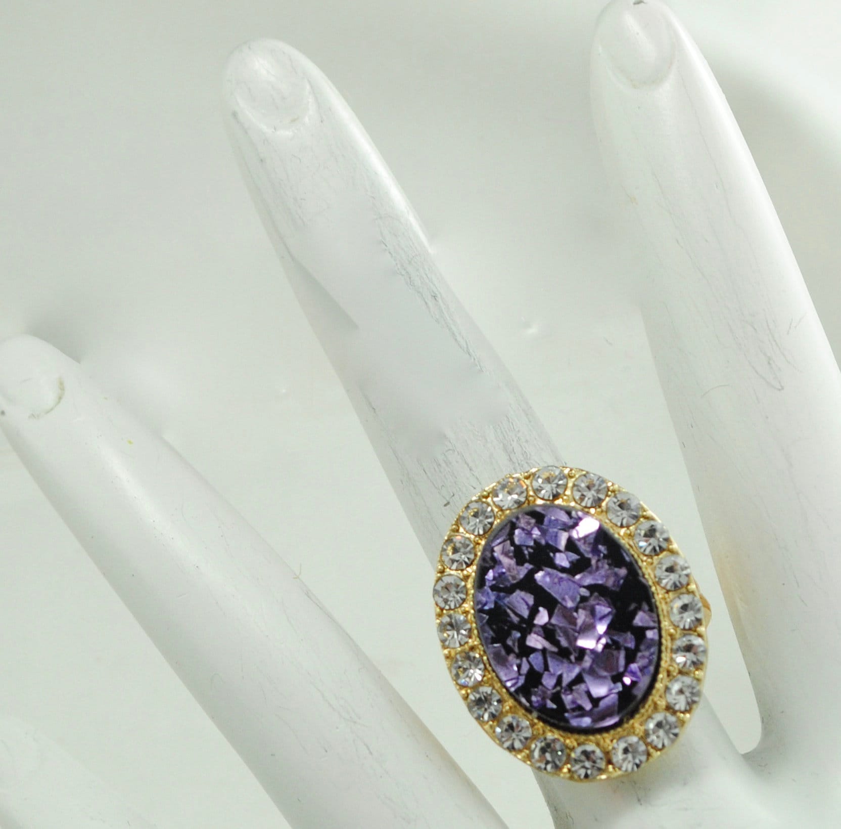 Purple Glitter Ring Clear Rhinestones Gold Ring Oval Ring | Etsy