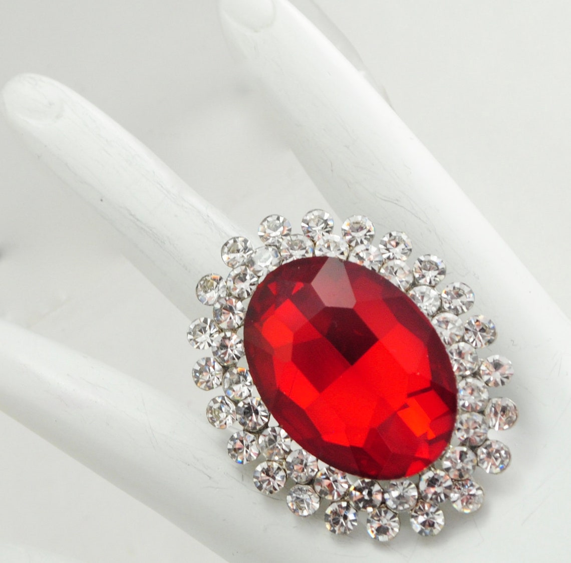 Red Cocktail Ring Clear Rhinestones Big Oval Ring Gift for | Etsy