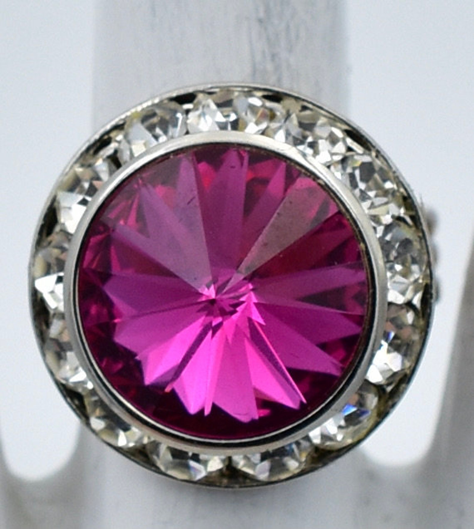 Pink Cocktail Ring with Clear Rhinestones Petite Silver Ring | Etsy