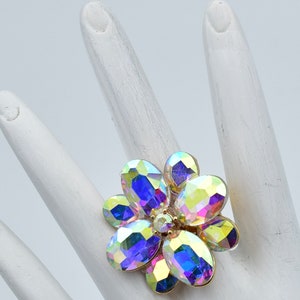 Iridescent Crystal Flower Ring AB Rhinestones Silver Ring Adjustable ...