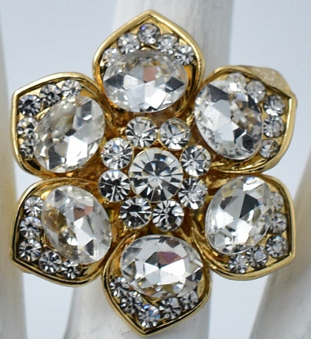 Crystal Flower Ring, Rhinestone Gold Cocktail Ring, Adjustable Band - Etsy