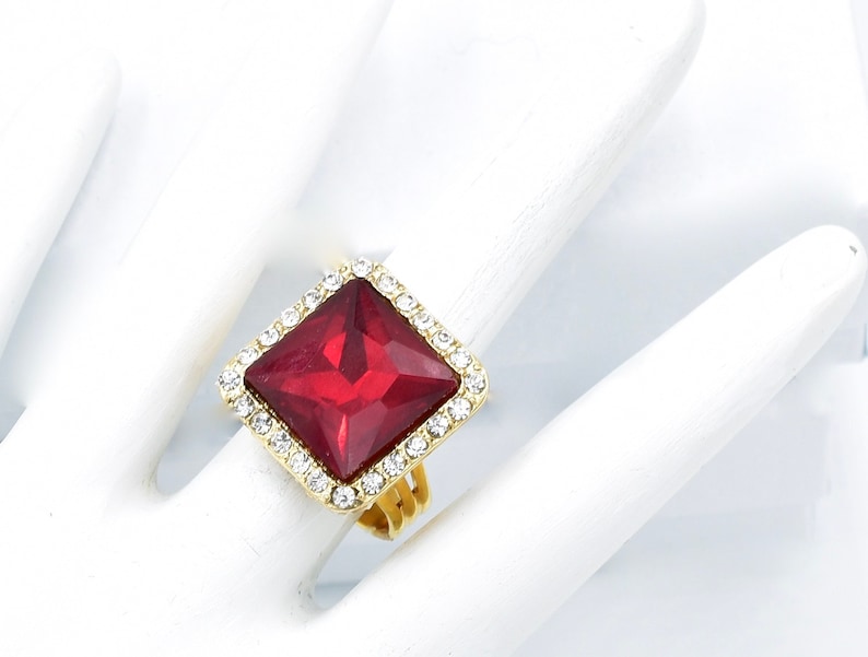Ruby Red Square Cocktail Ring Clear Rhinestones Gold Ring | Etsy