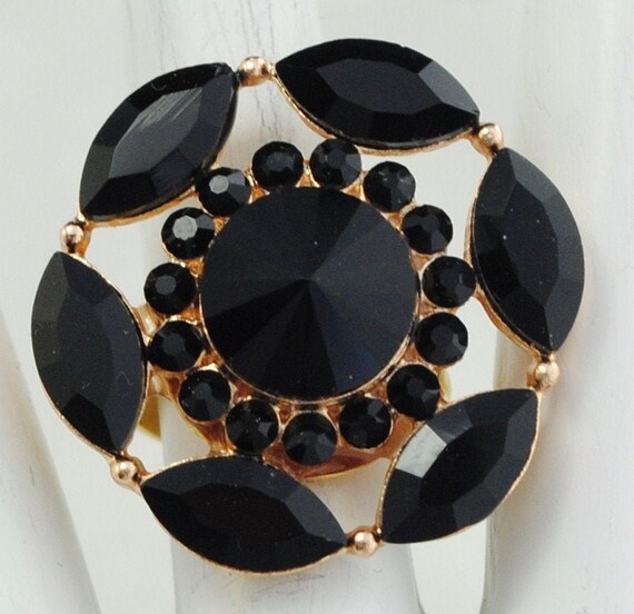 Black Cocktail Ring Rhinestones Gold Ring Gift for Women | Etsy