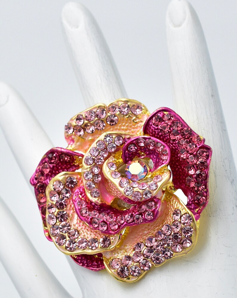 Pink Rhinestone Rose Ring Big Two Tone Ring Gold Ring Summer - Etsy