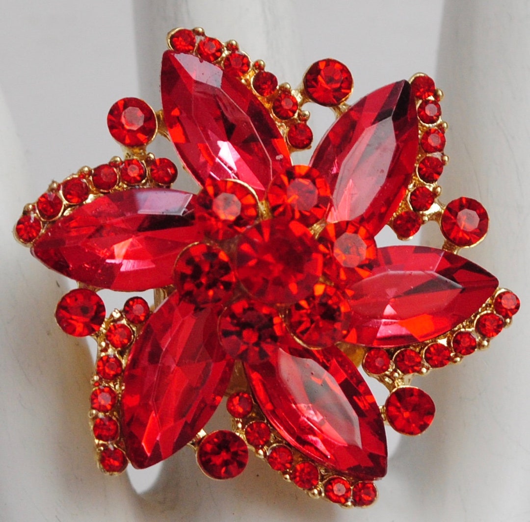 Red Rhinestone Flower Ring Gift for Women Cocktail Ring Crystal Ring ...