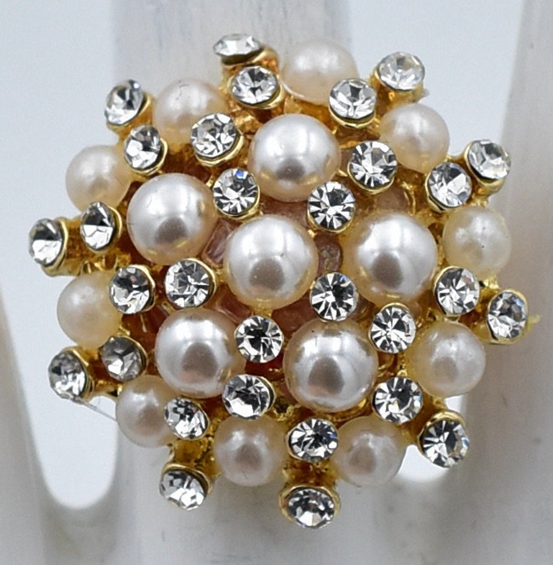 Pearl & Rhinestone Ring, Small Gold Ring, Gift for Women Adjustable ...