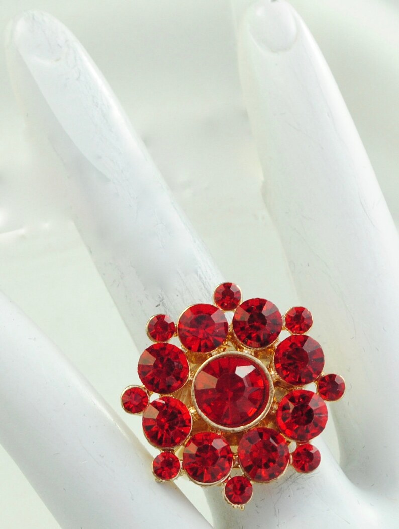 Red Rhinestone Ring Floral Ring Gold Ring Holiday Jewelry Gift | Etsy