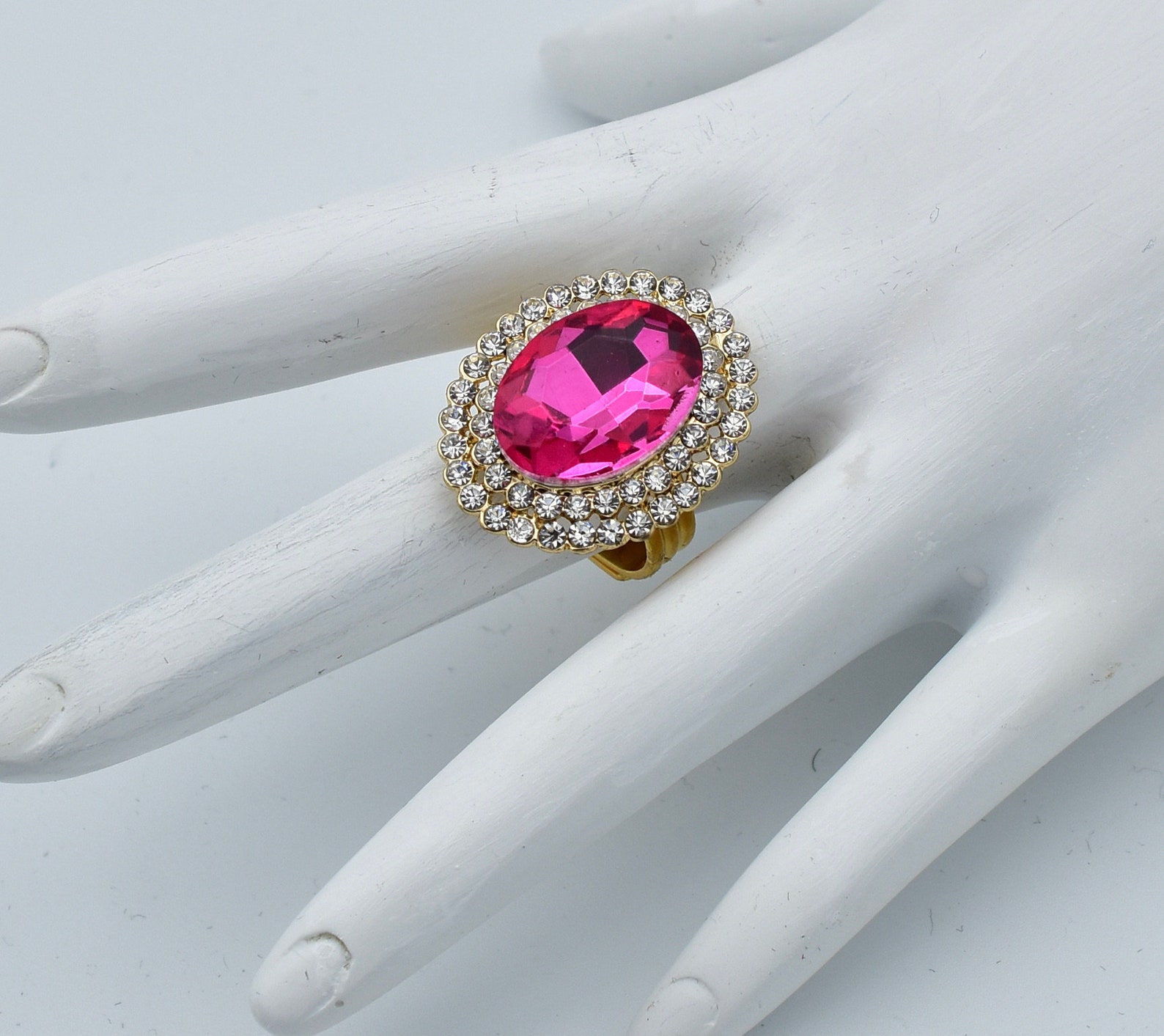 Oval Pink Cocktail Ring With Clear Rhinestones Crystal Ring - Etsy