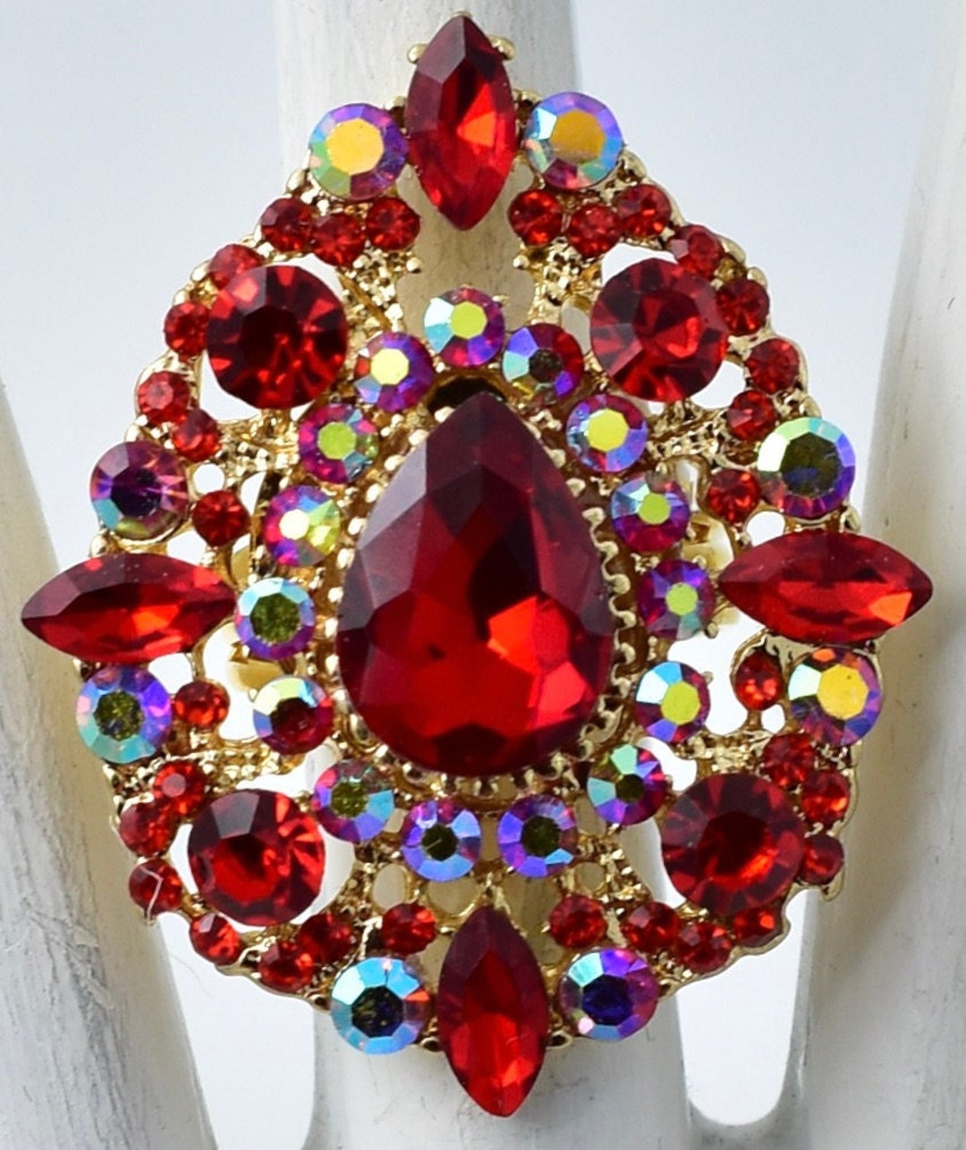 Red Cocktail Ring Gold Ring Iridescent Ring Teardrop Ring Adjustable ...