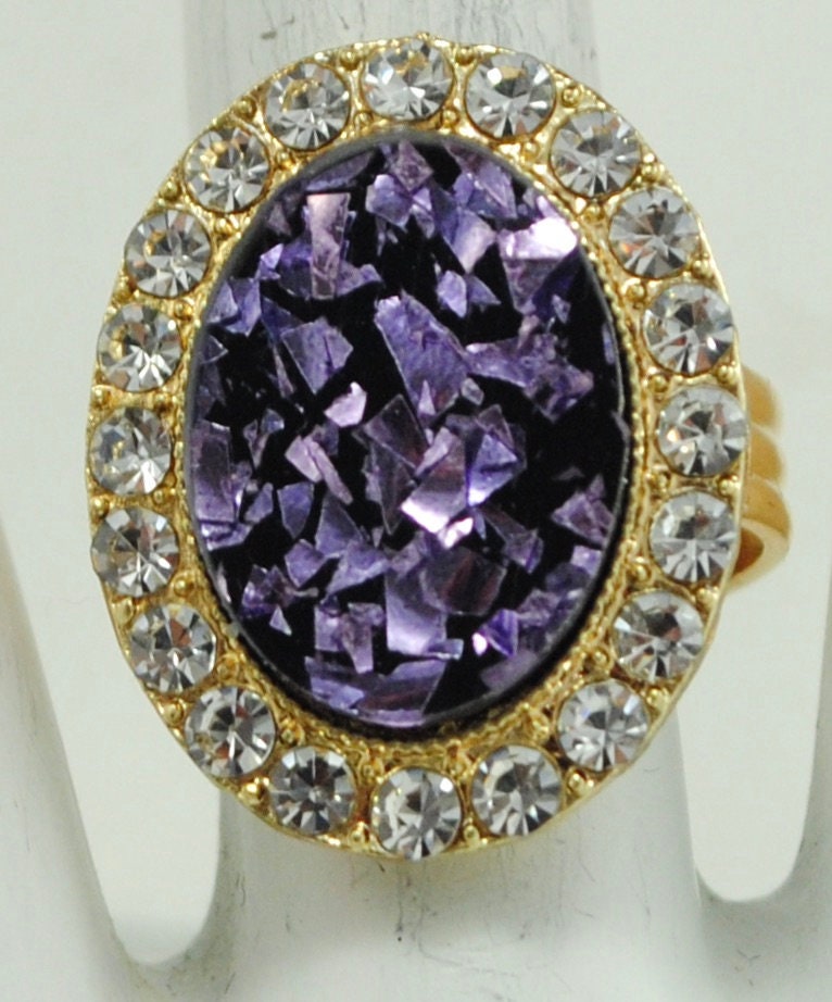Purple Glitter Ring Clear Rhinestones Gold Ring Oval Ring | Etsy