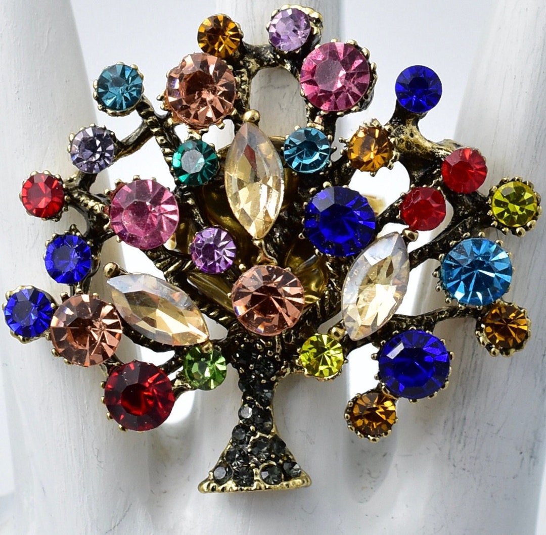 Rhinestone Tree of Life Ring Multicolor Gold Ring Adjustable Ring - Etsy