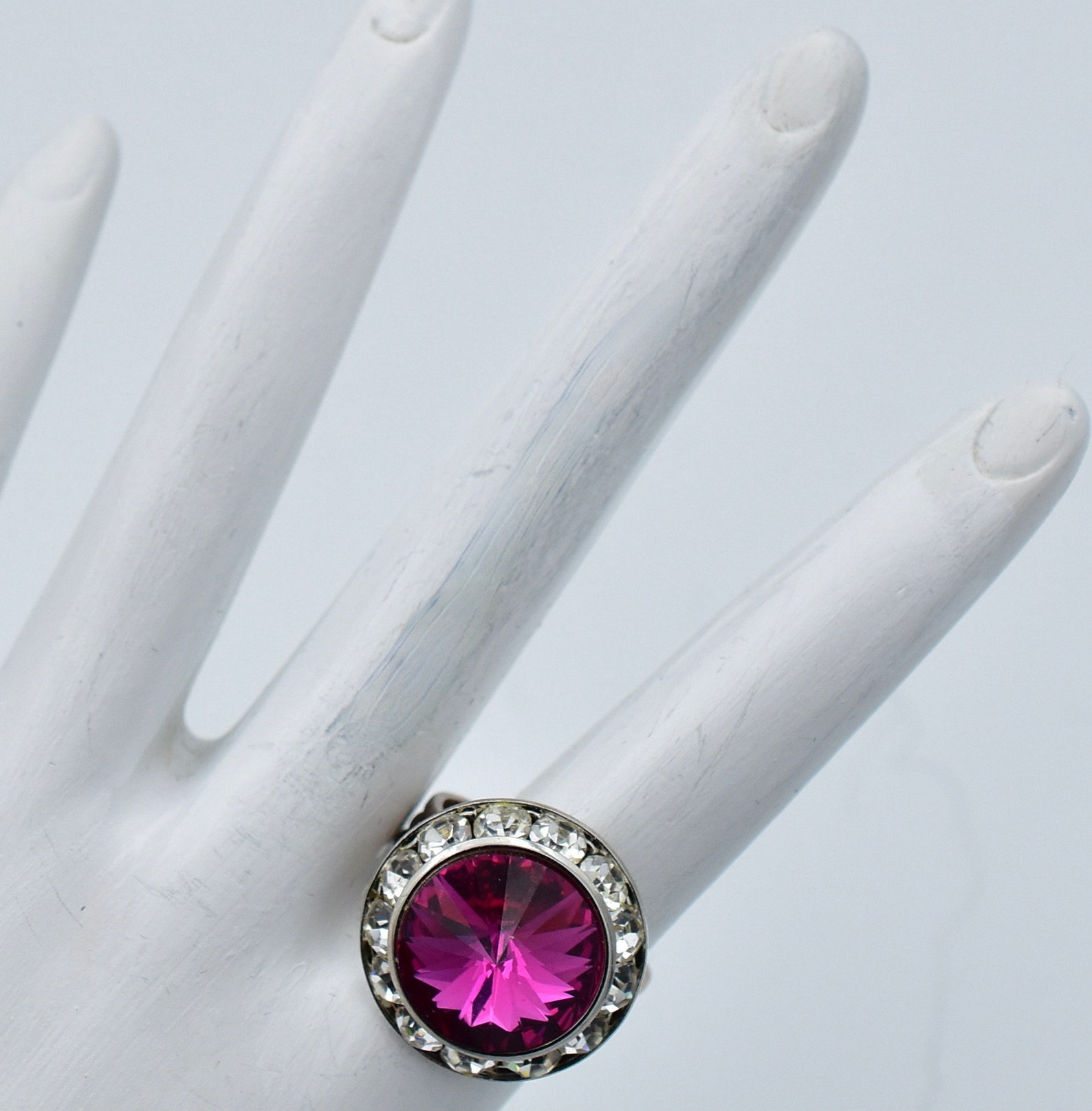 Pink Cocktail Ring With Clear Rhinestones Petite Silver Ring - Etsy