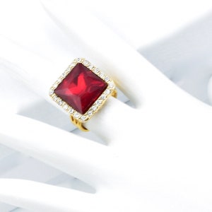Ruby Red Square Cocktail Ring Clear Rhinestones Gold Ring Holiday ...