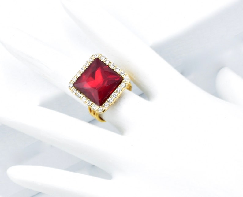 Ruby Red Square Cocktail Ring Clear Rhinestones Gold Ring | Etsy
