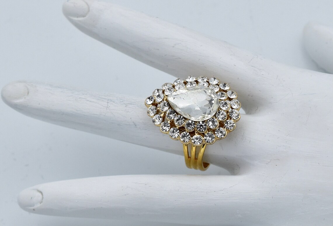 Rhinestone Cocktail Ring Gold Teardrop RingWedding Jewelry | Etsy