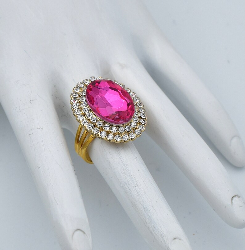 Oval Pink Cocktail Ring With Clear Rhinestones Crystal Ring - Etsy