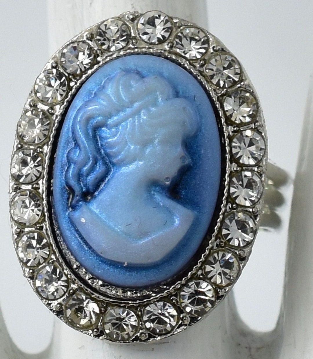 Blue Cameo Ring Vintage Style Silhouette Ring Silver & Rhinestone Ring ...