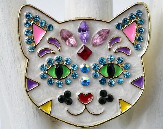 Rhinestone Cat Ring Colorful Ring Gold Ring Pet Jewelry Adjustable Ring ...
