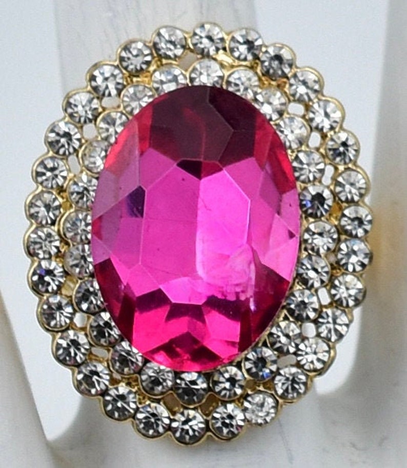 Oval Pink Cocktail Ring With Clear Rhinestones Crystal Ring - Etsy