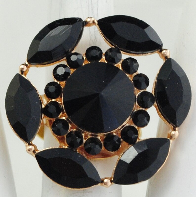 Black Cocktail Ring Rhinestones Gold Ring Gift for Women | Etsy