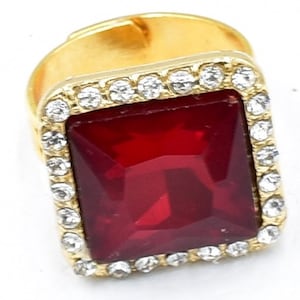Ruby Red Square Cocktail Ring Clear Rhinestones Gold Ring Holiday ...
