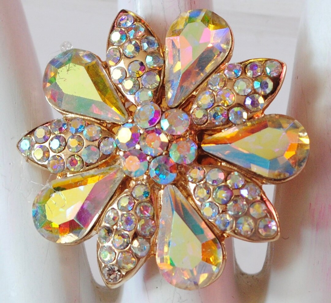 Iridescent Floral Ring AB Rhinestones Gift for Women Cocktail Ring ...
