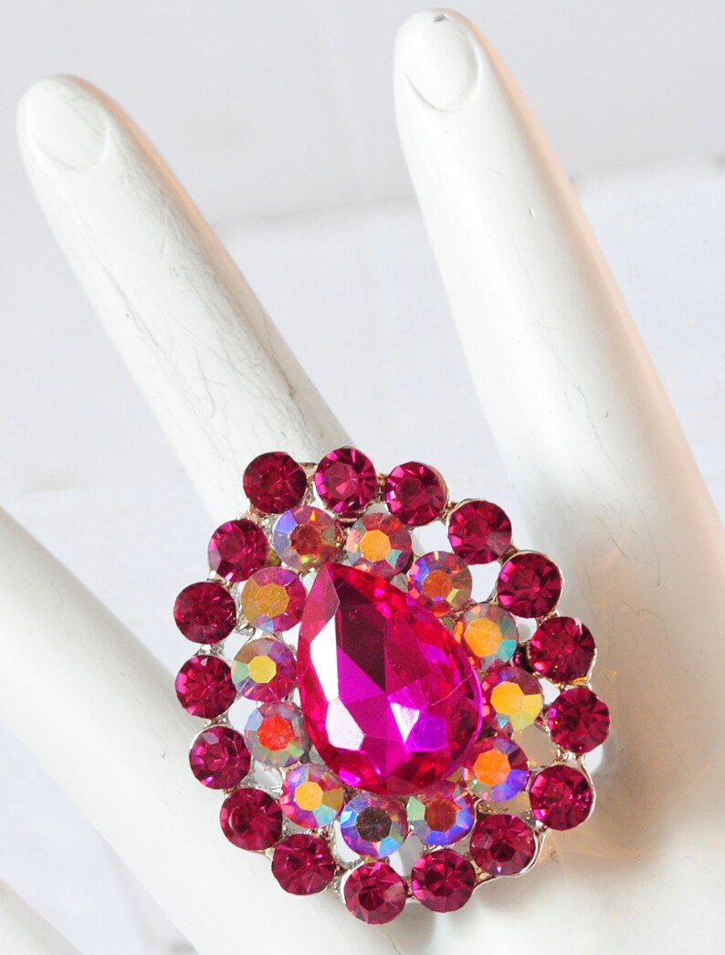 Fuchsia Cocktail Ring AB Rhinestones Silver Teardrop Ring Gift - Etsy