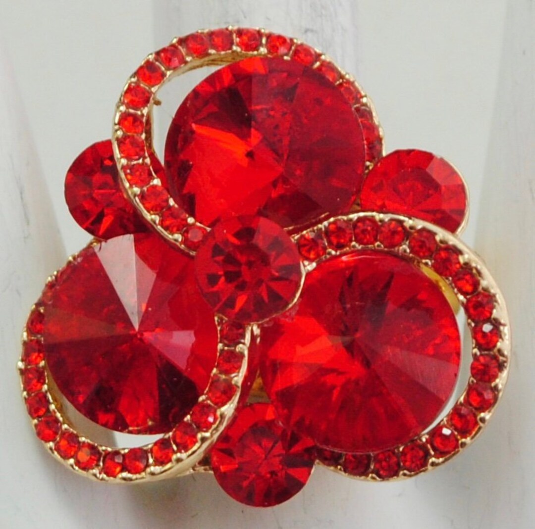 Red Cocktail Ring Rhinestone Ring Gold Ring Gift for Her Adjustable ...