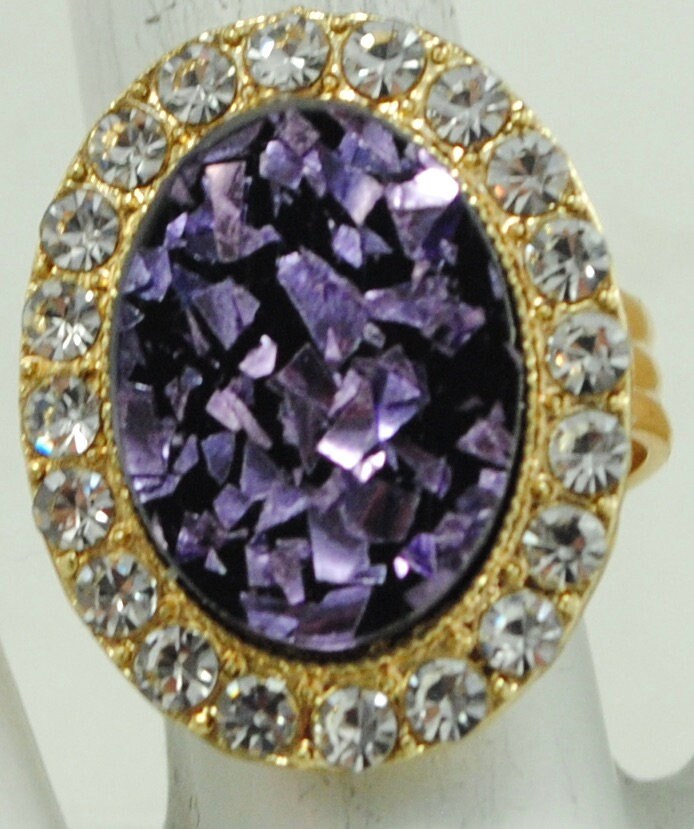 Purple Glitter Ring Clear Rhinestones Gold Ring Oval Ring | Etsy