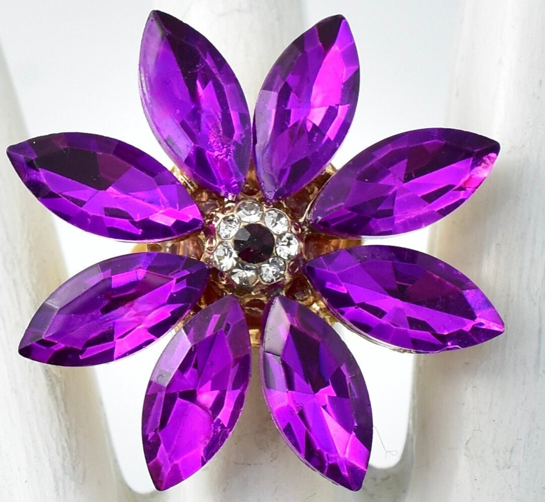 Purple Flower Ring Rhinestone Ring Gold Ring Crystal Ring Adjustable ...
