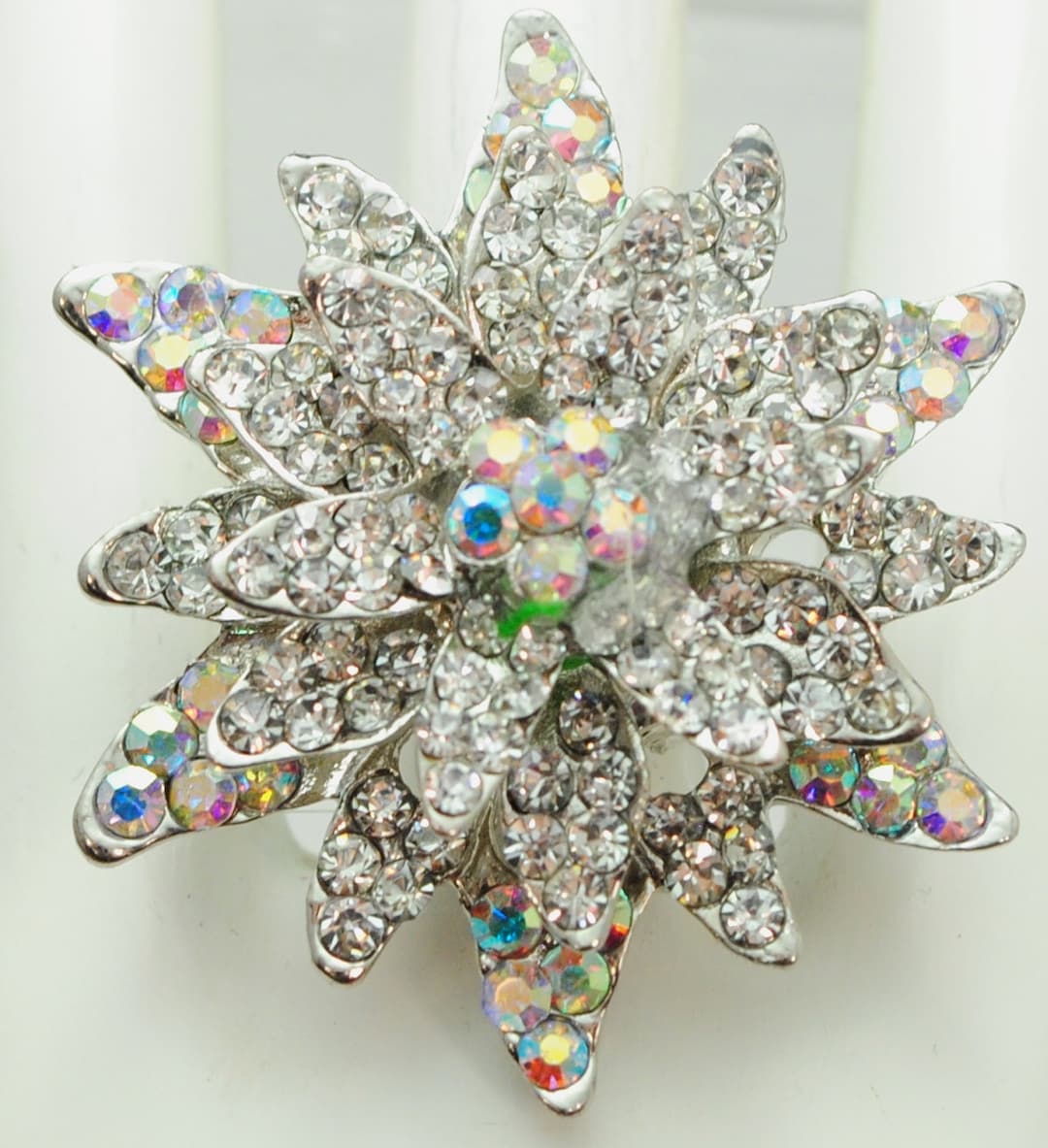 Rhinestone Flower Ring Big Ring Silver Ring Gift for Women Adjustable ...