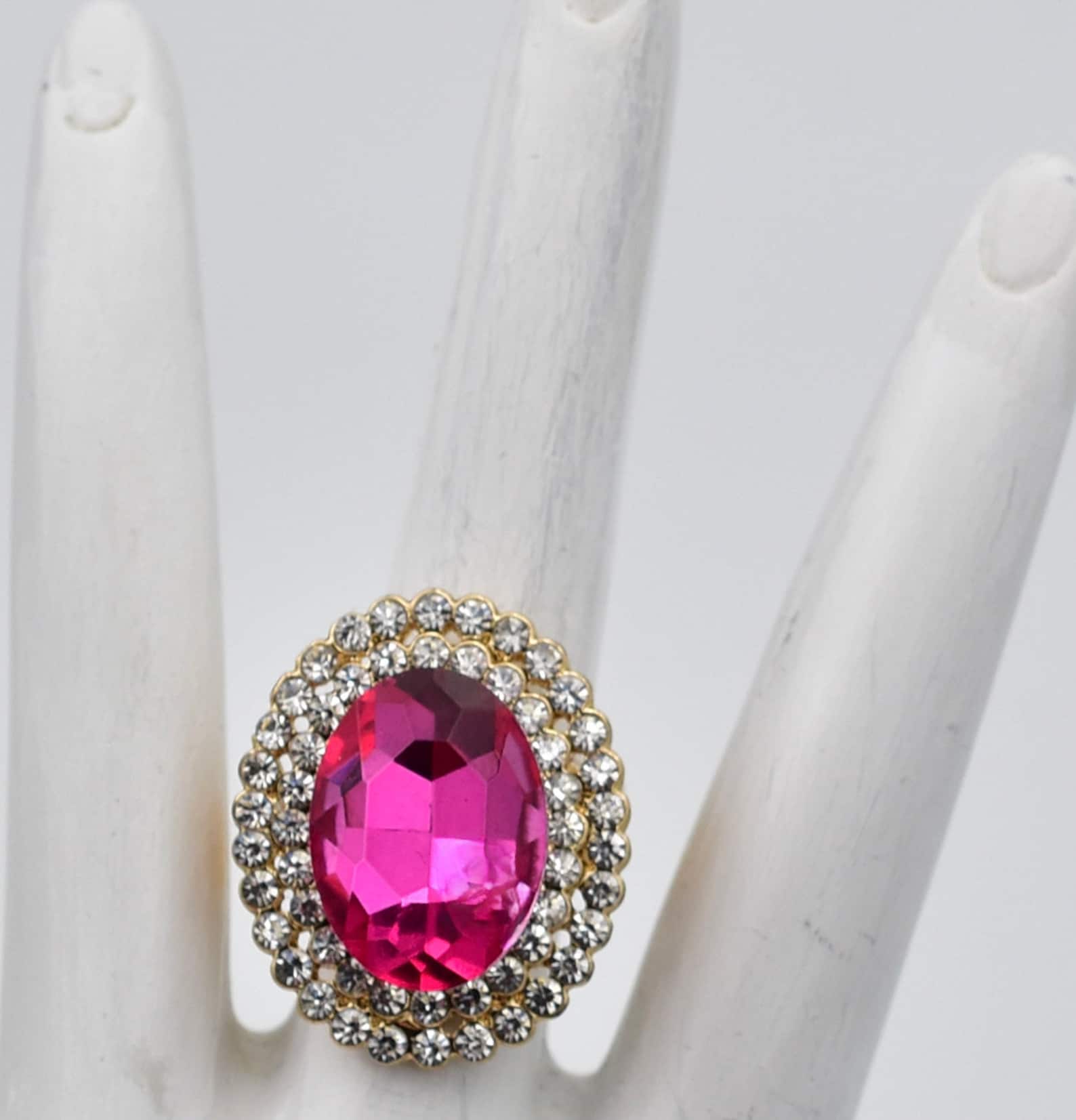 Oval Pink Cocktail Ring With Clear Rhinestones Crystal Ring - Etsy