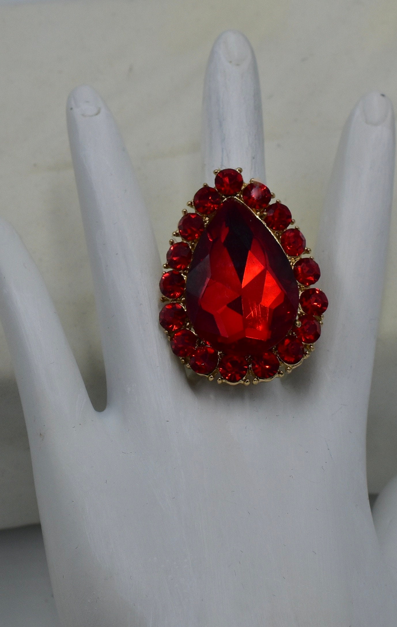 Big Red Cocktail Ring Red Rhinestones Teardrop Ring Holiday | Etsy