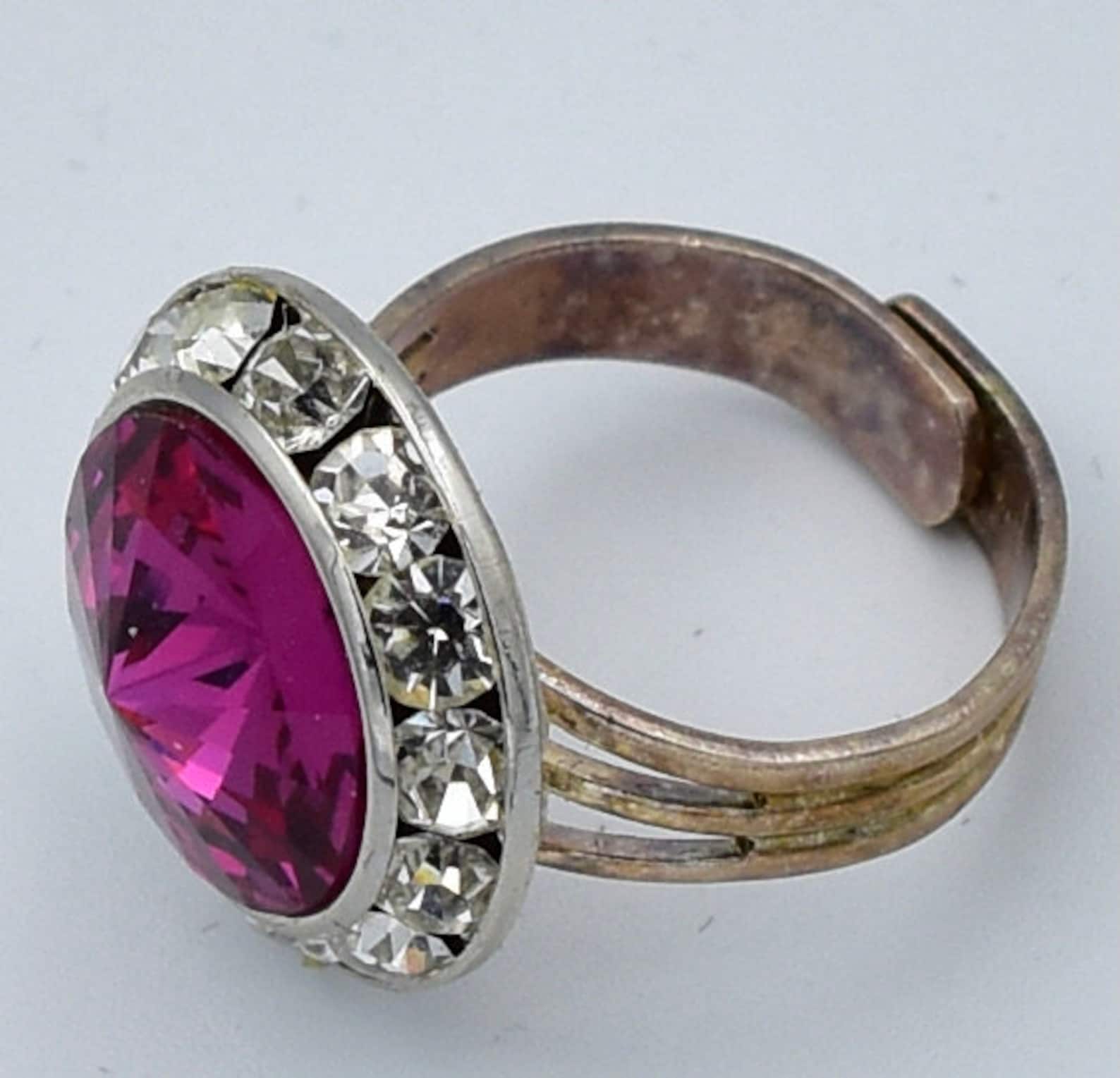 Pink Cocktail Ring With Clear Rhinestones Petite Silver Ring - Etsy