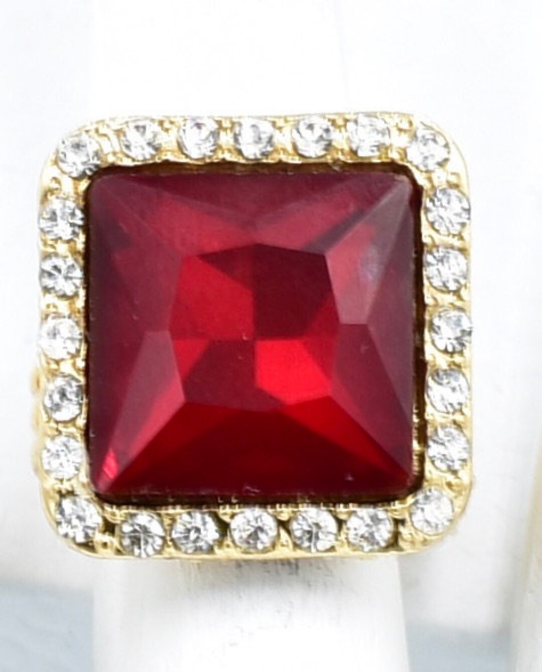 Ruby Red Square Cocktail Ring Clear Rhinestones Gold Ring Holiday ...
